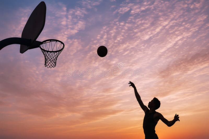 Basketball Player Shooting at Sunset Silhouette Stock Photo - Image of active, achievement ...