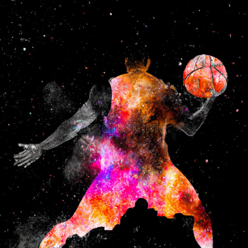Basketball Player Silhouette at Abstract Cosmic Background – Digital ...