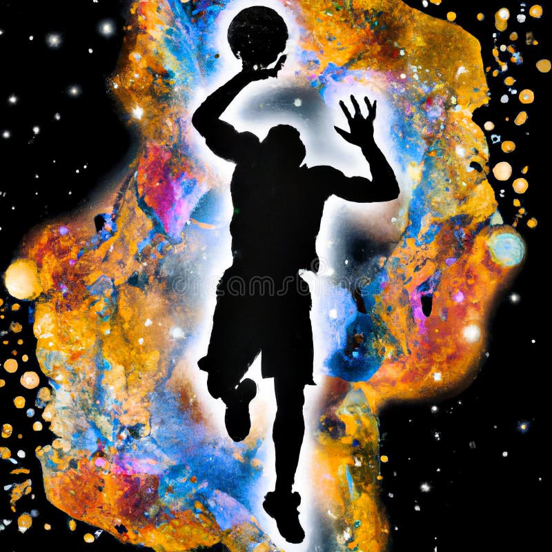 Basketball Player Silhouette at Abstract Cosmic Background – Digital ...