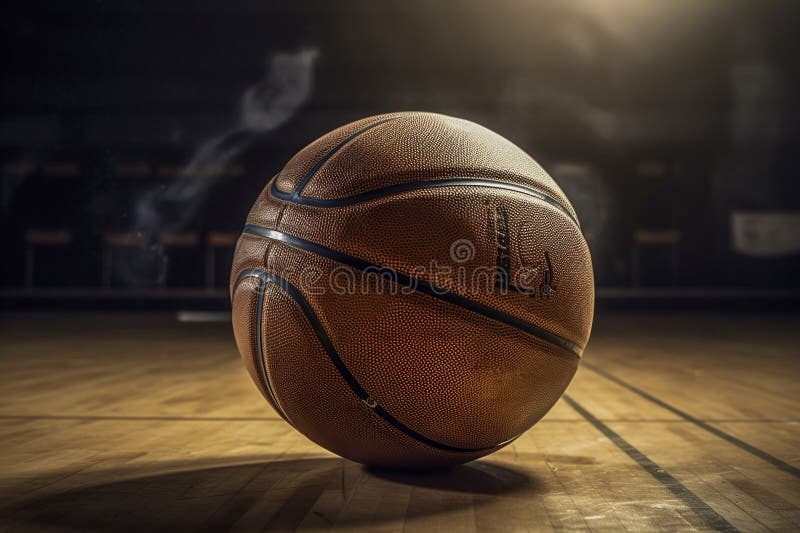 A Basketball on a Polished Court, Under Dramatic Lighting, with Empty ...