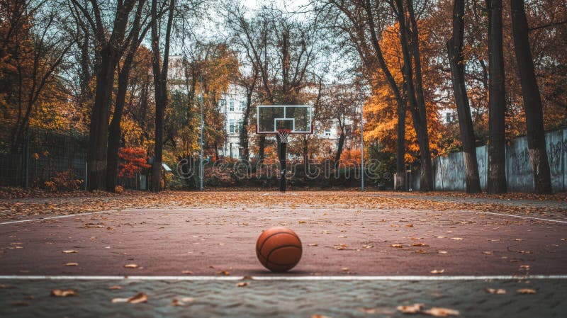A Basketball Sitting on a Court Surrounded by Fall Foliage Stock ...