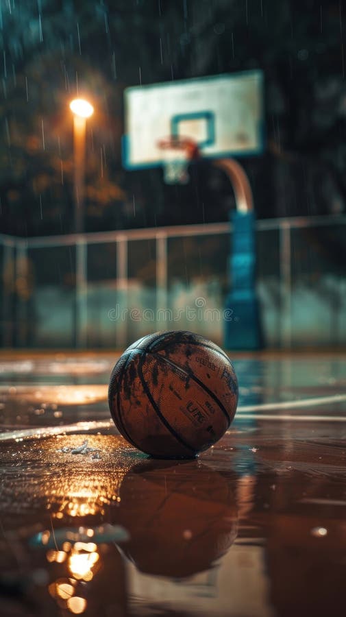 A Basketball is Sitting on the Ground in Front of a Basketball Hoop ...