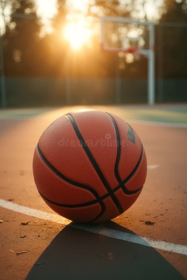 Basketball is Sitting on the Ground in Front of a Basketball Hoop Stock ...