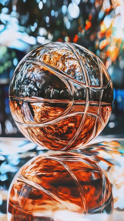 A Basketball is Sitting on a Table with a Reflection of it in the Water ...