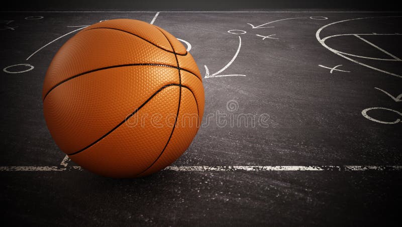 Basketball Standing on Game Strategy Blackboard. 3D Illustration Stock ...