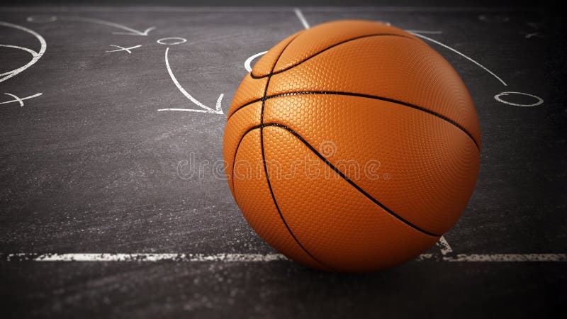 Basketball Standing on Game Strategy Blackboard. 3D Illustration Stock ...
