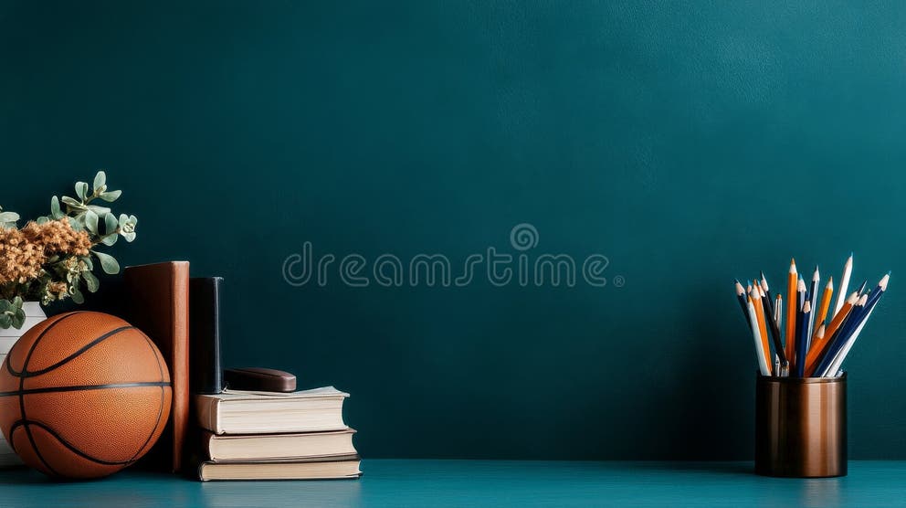 Basketball and Study Materials on a Teal Desk in a Creative Workspace ...