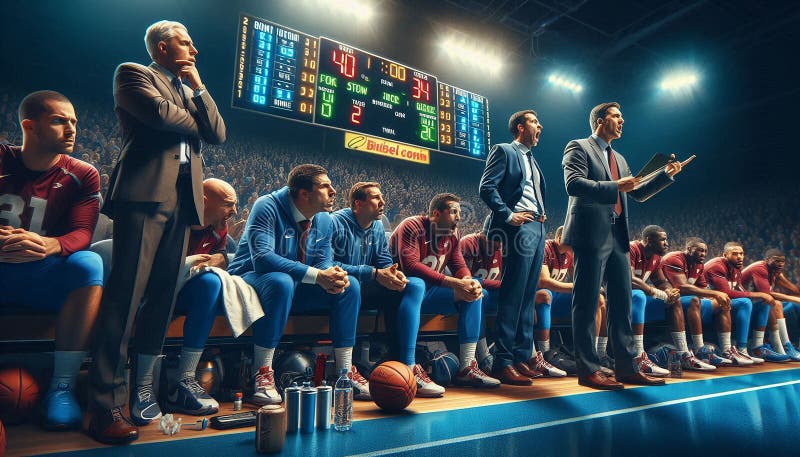 Basketball Team at Timeout in Competitive Game Setting Stock ...