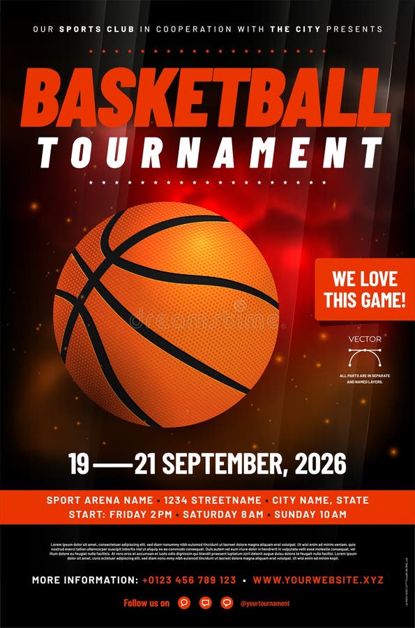 Basketball Tournament Poster Template with Ball and Sample Text Stock ...