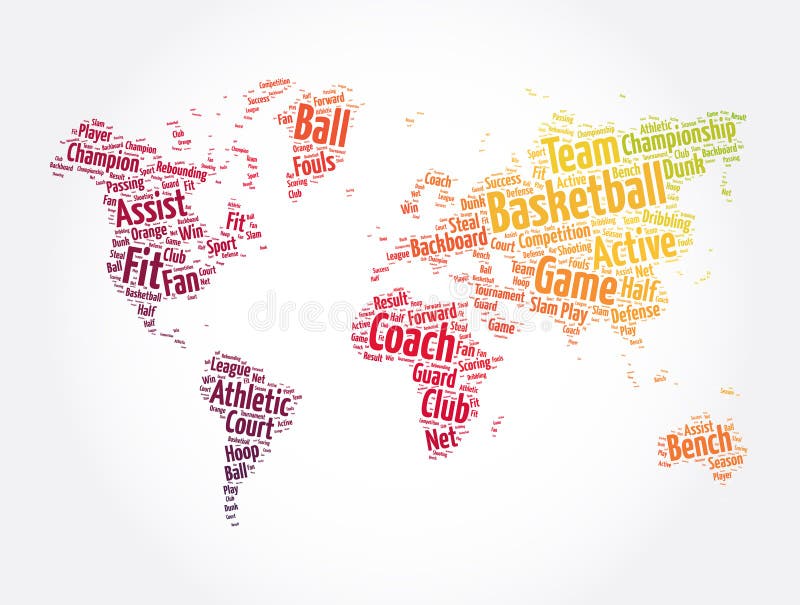 Basketball Word Cloud in Shape of World Map, Sport Concept Background ...