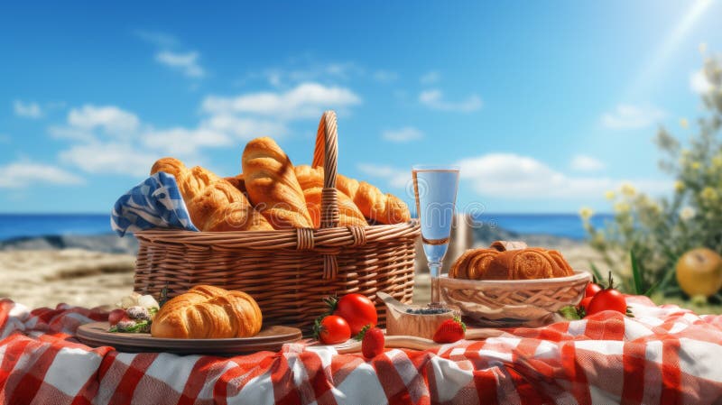 Samosa Picnic Basket on Beach with Bread and Pastries Stock ...