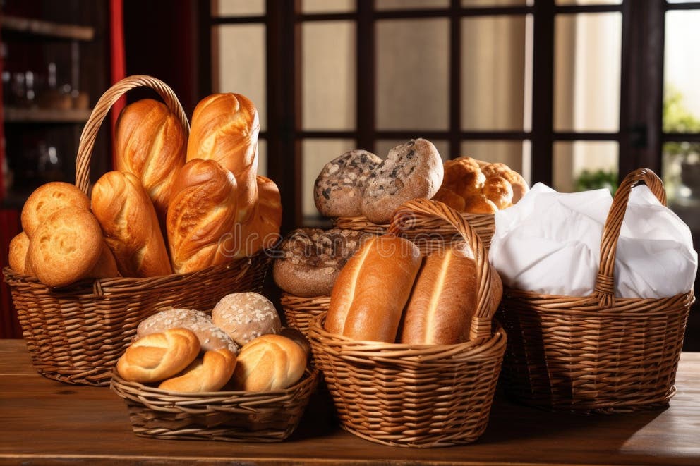 Baskets Filled with Assorted Bread Rools and Loafs Stock Photo - Image ...