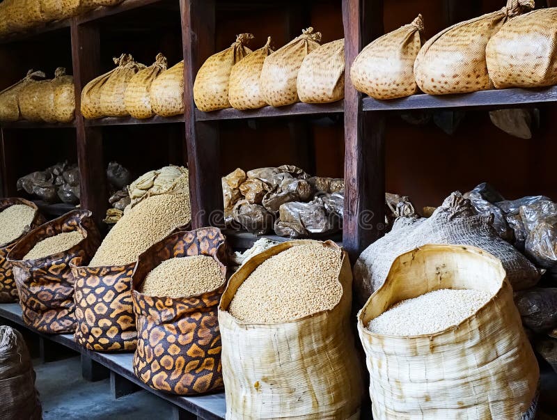 Baskets Filled with Different Types of Rice on Shelves in a Store Stock ...