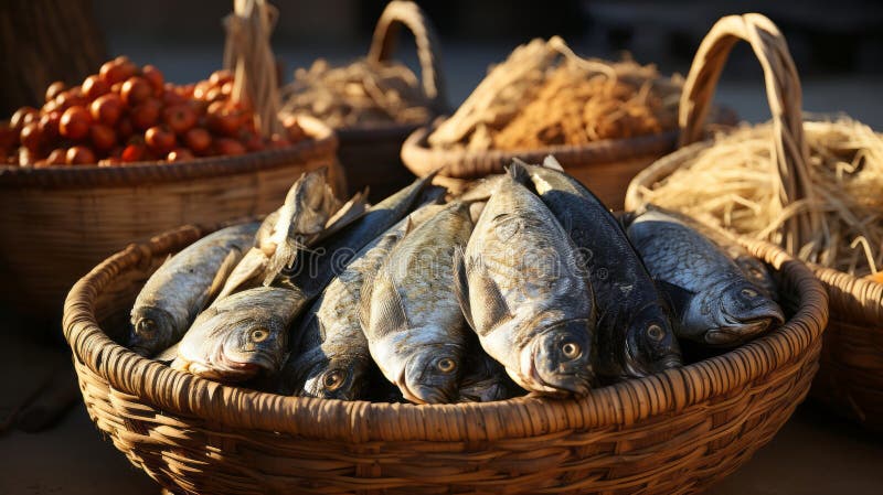 Baskets of Fish and Dried Fish. Generative AI. Stock Illustration ...