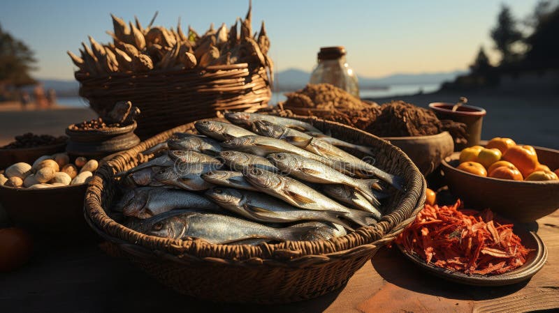 Baskets of Fish and Dried Fish. Generative AI. Stock Illustration ...