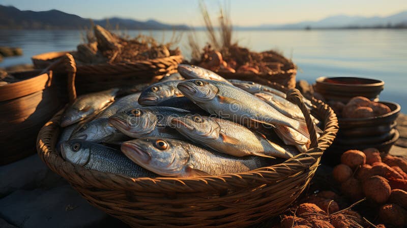 Baskets of Fish and Dried Fish. Generative AI. Stock Illustration ...