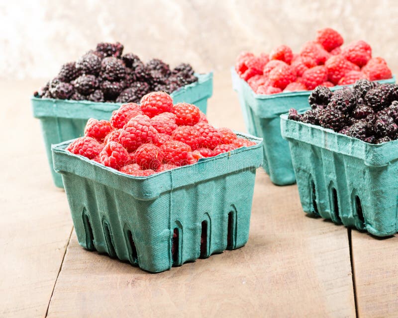Baskets of Fresh Red Raspberries and Black Raspberries Stock Photo ...