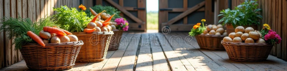 Baskets of Fresh Vegetables and Potatoes on Rustic Wooden Farm Deck ...