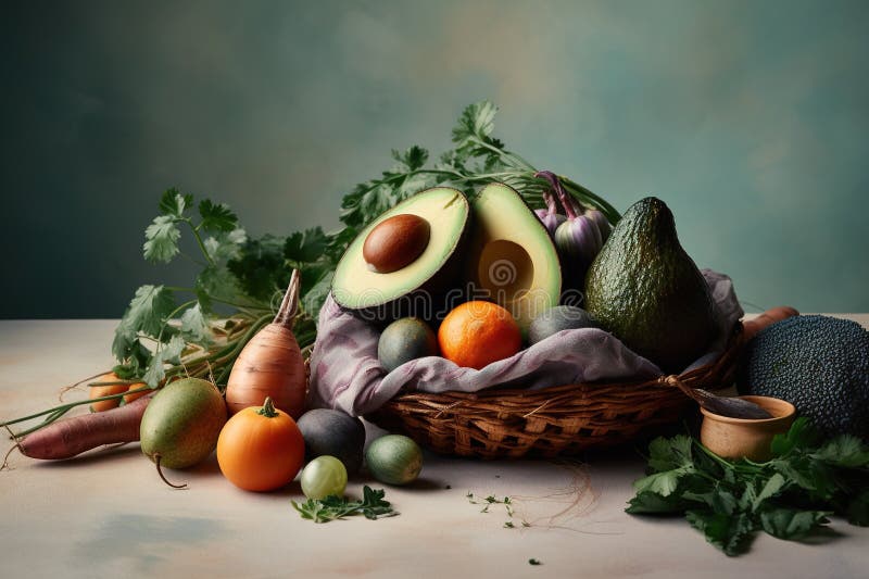 Baskets of Fruit and Vegetable on a Pastel Background Stock ...