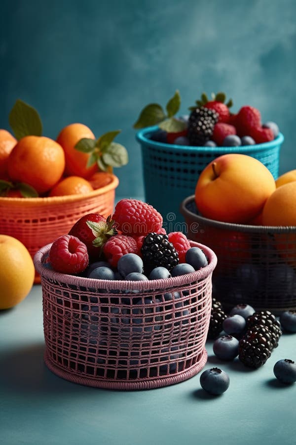 Baskets of Fruit and Vegetable on a Pastel Background Stock ...