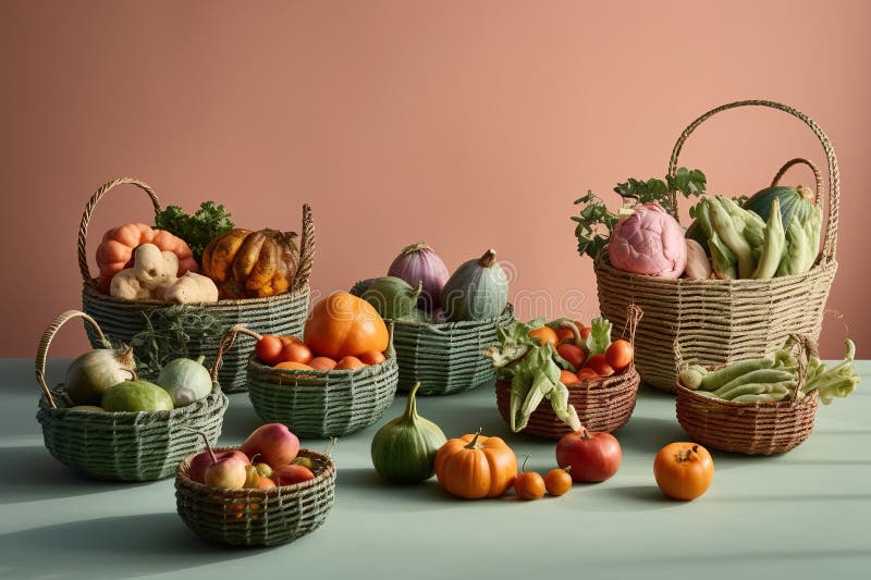 Baskets of Fruit and Vegetable on a Pastel Background Stock ...