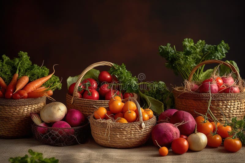 Baskets of Fruit and Vegetable on a Pastel Background Stock ...