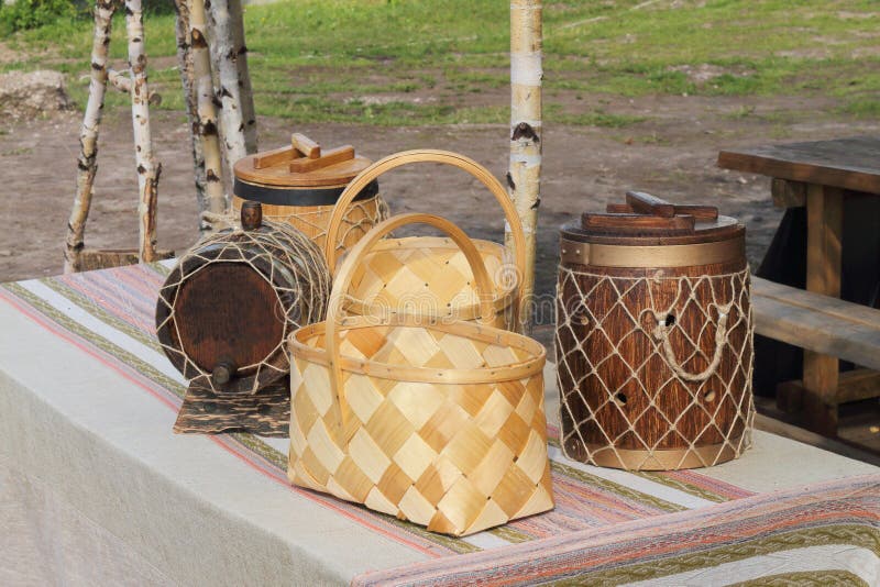 Baskets and Kegs on a Table Stock Photo - Image of outdoor, wattled ...