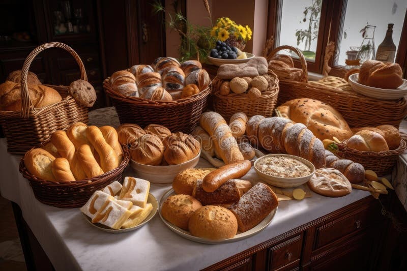 Baskets Overflowing with Freshly Baked Breads, Including Baguettes ...