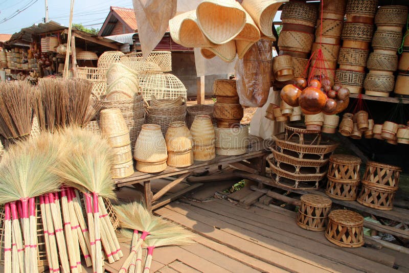 Basketware and Wicker Items Stall in a Village in Laos Stock Image ...
