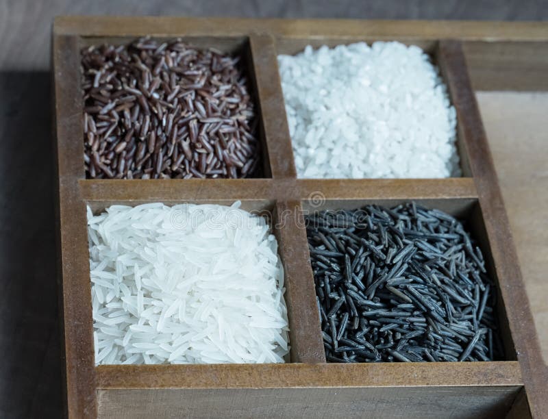 Basmati Rice Black and Red Wooden Box with Sections Close-up Stock ...