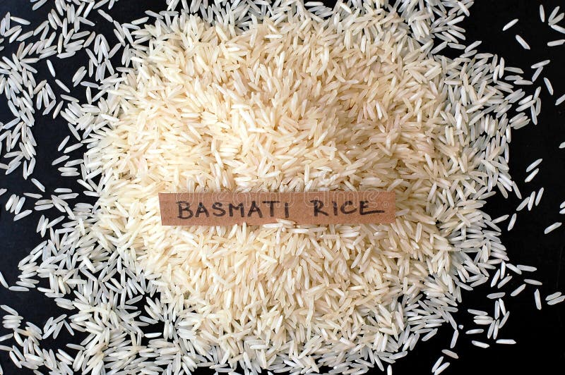 Basmati Rice with the Label on the Black Background Stock Photo - Image ...