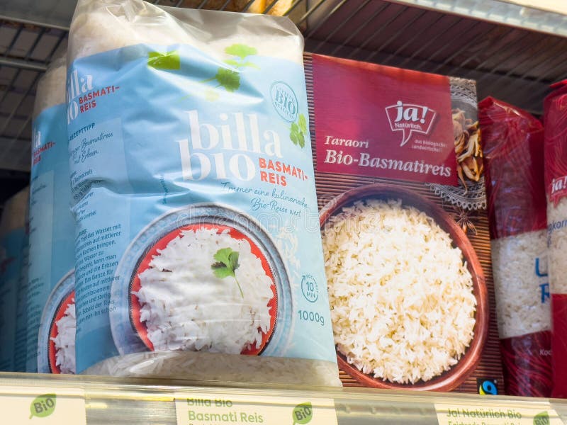 Basmati Rice Packaging in Grocery Store Display with Organic Labels ...
