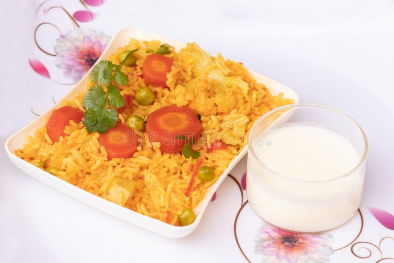 Basmati Rice Vegetable Pulao Served in Plate with Curd Stock Image ...