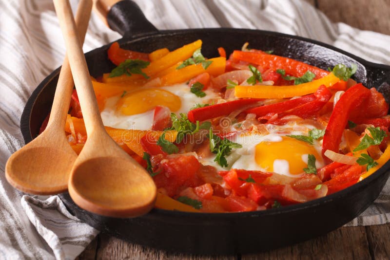 Basque Breakfast: Fried Eggs with Peppers Close-up. Horizontal Stock ...