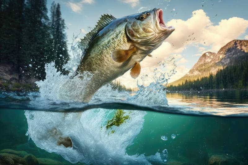 Bass Fish Jumping Out of River Water. Ai Generative Stock Illustration ...