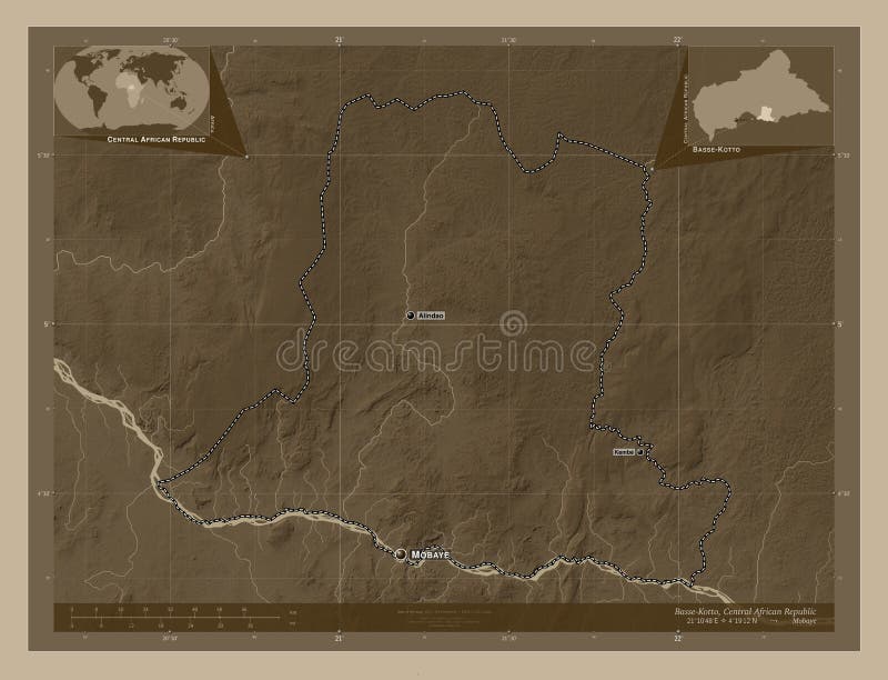 Basse-Kotto, Central African Republic. Sepia. Labelled Points of Cities ...