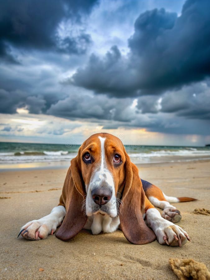 Basset Hound Lying Down on a Sandy Beach in the Sunset Stock ...