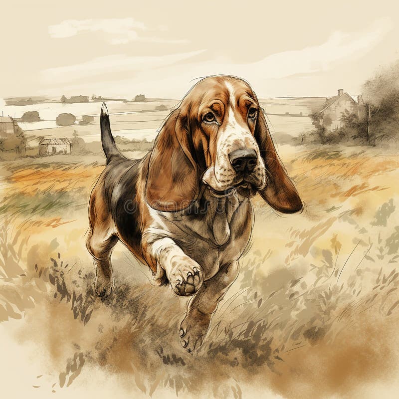 Basset Hound in the Field Portrait Drawing, Sketch Stock Illustration ...