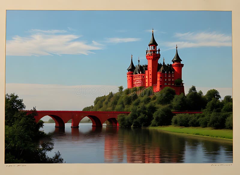 Red castle on water stock image. Image of lighthouse - 288294145