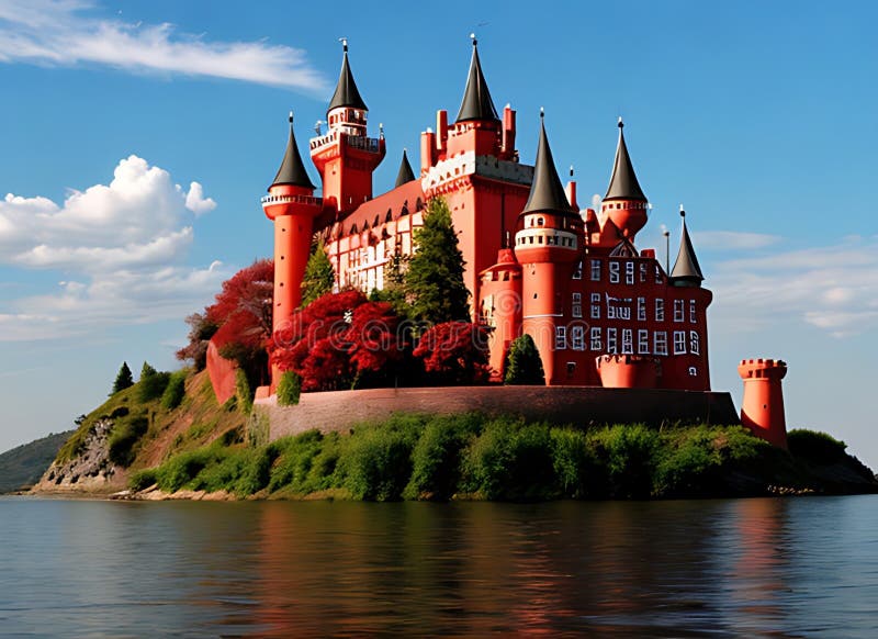 Red castle on water stock image. Image of bast, tower - 288294197