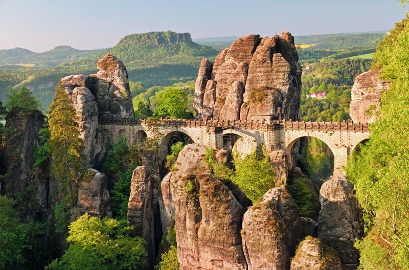 Bastei Bridge in Saxon Switzerland in Spring, Germany Stock Image ...