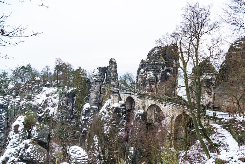 Bastei Bridge in Saxon Switzerland in Cold Winter Stock Image - Image ...