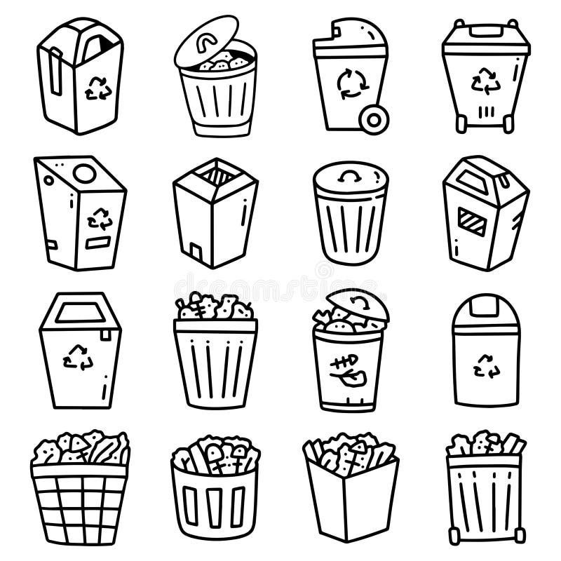Basurero Basurero Basurero Doodle Mano Esquema De Dibujo Conjunto ...