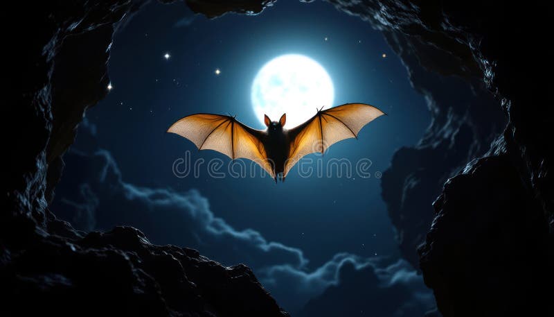 A Bat Emerging from a Cave Under the Moonlight Stock Photo - Image of ...