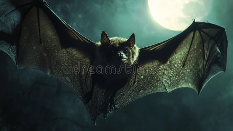 Bat in Flight at Night Under Full Moon Stock Illustration ...