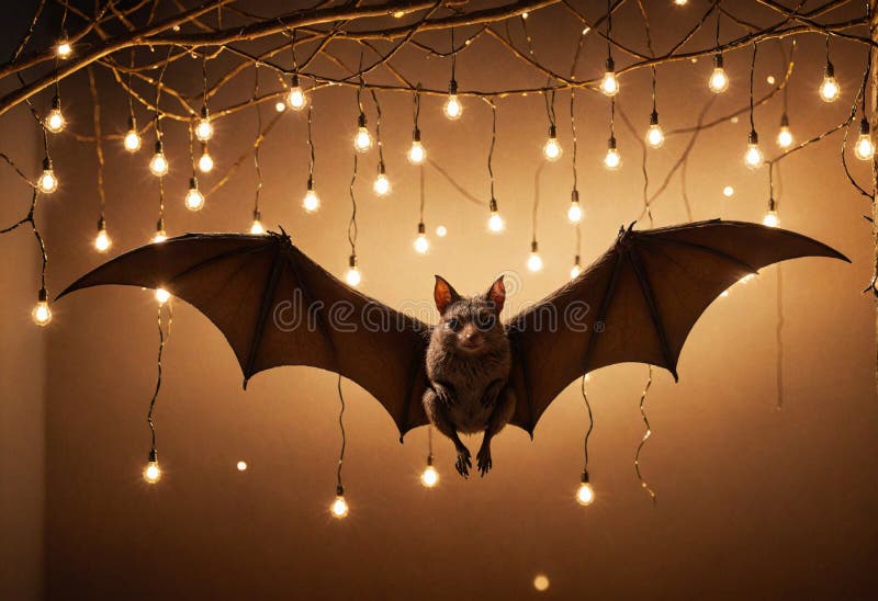 A Bat is Flying in the Air with Wing Spread Surrounded by String of ...