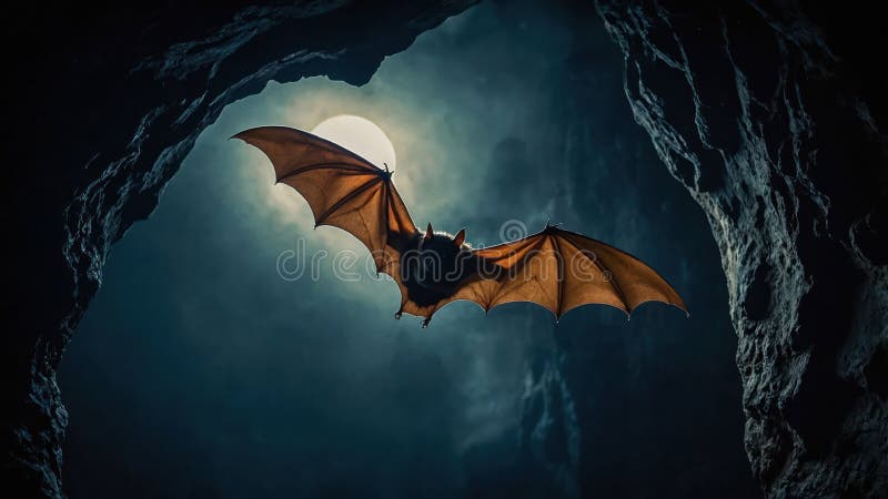 A Bat Flying through a Cave with a Full Moon in the Background ...