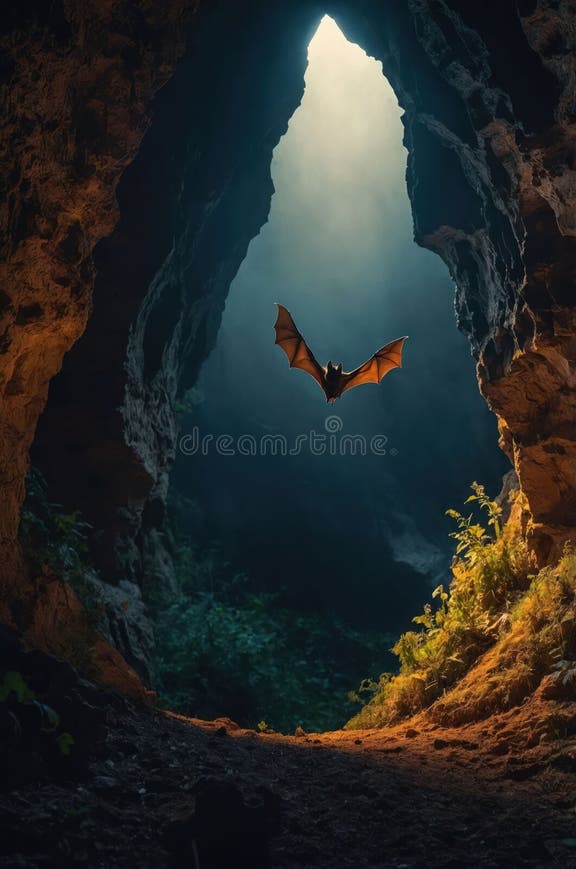 Bat Flying Out of Cave at Night, Mysterious Shadow Stock Illustration ...