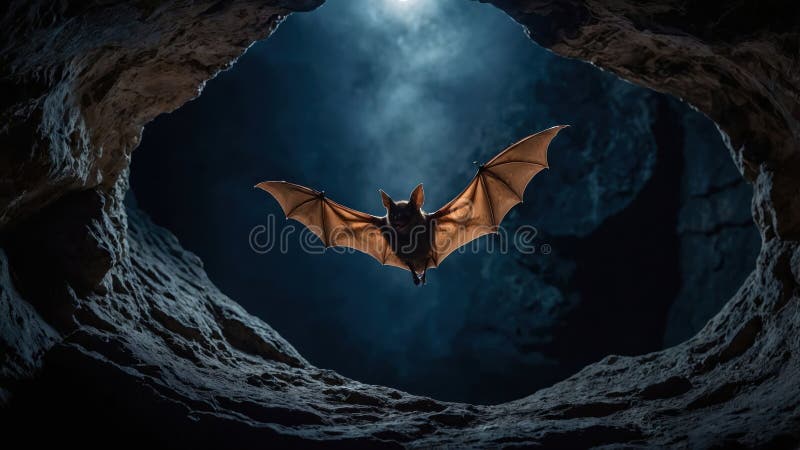 A Bat Flying through a Cave, Illuminated by a Shaft of Light from Above ...
