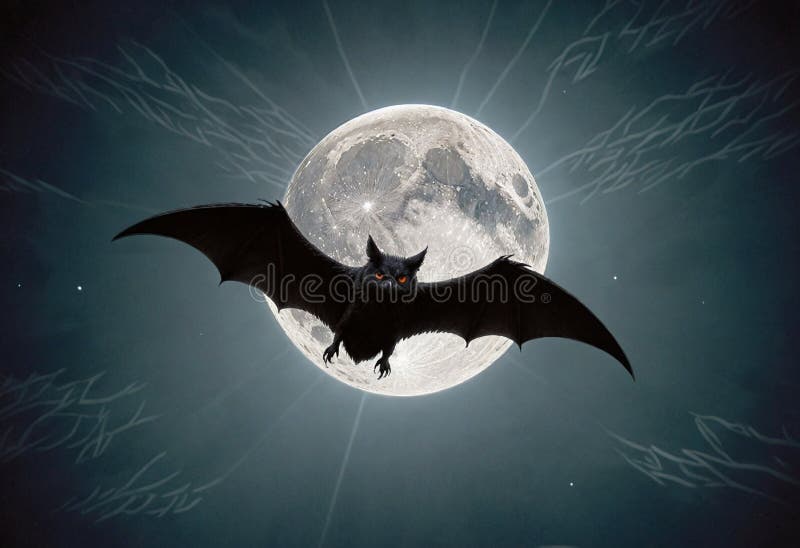 A Bat Flying in Front of a Full Moon Stock Illustration - Illustration ...